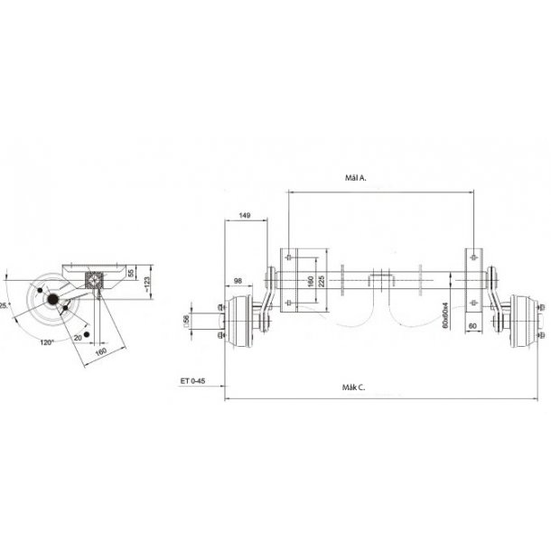 KNOTT trailer aksel med bremse - A 1500mm. B 55mm. C 1950mm | 750kg